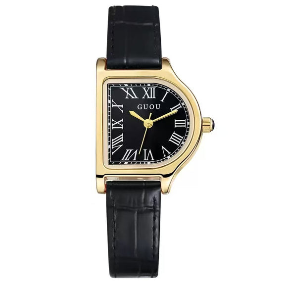 D-Shape Dial Watch with Gold Bezel & Black Genuine Leather Strap – MTG