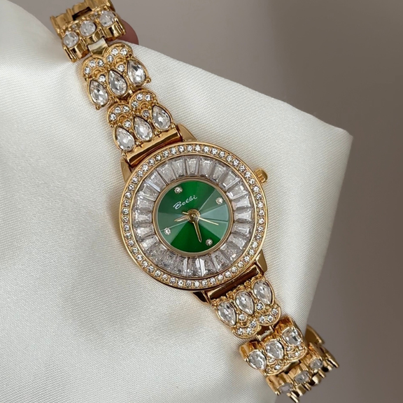Opulent Allure: Green Dial Watch with Gold Diamond Bezel & Diamond-Set ...